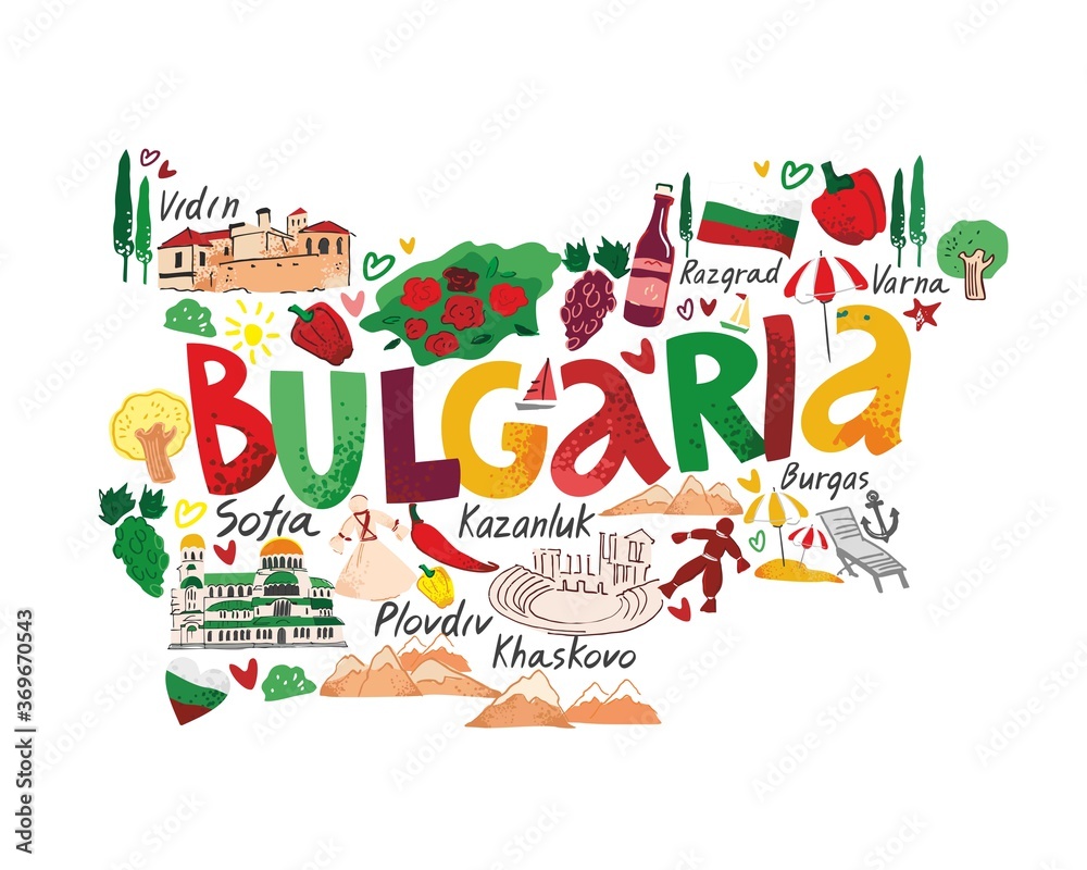 Bulgaria decorative color hand drawn map with attractions, symbols and ...