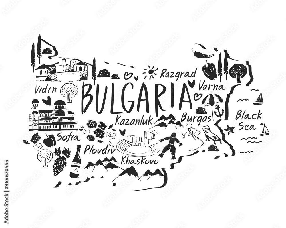 Bulgaria decorative hand drawn map with attractions, symbols and ...
