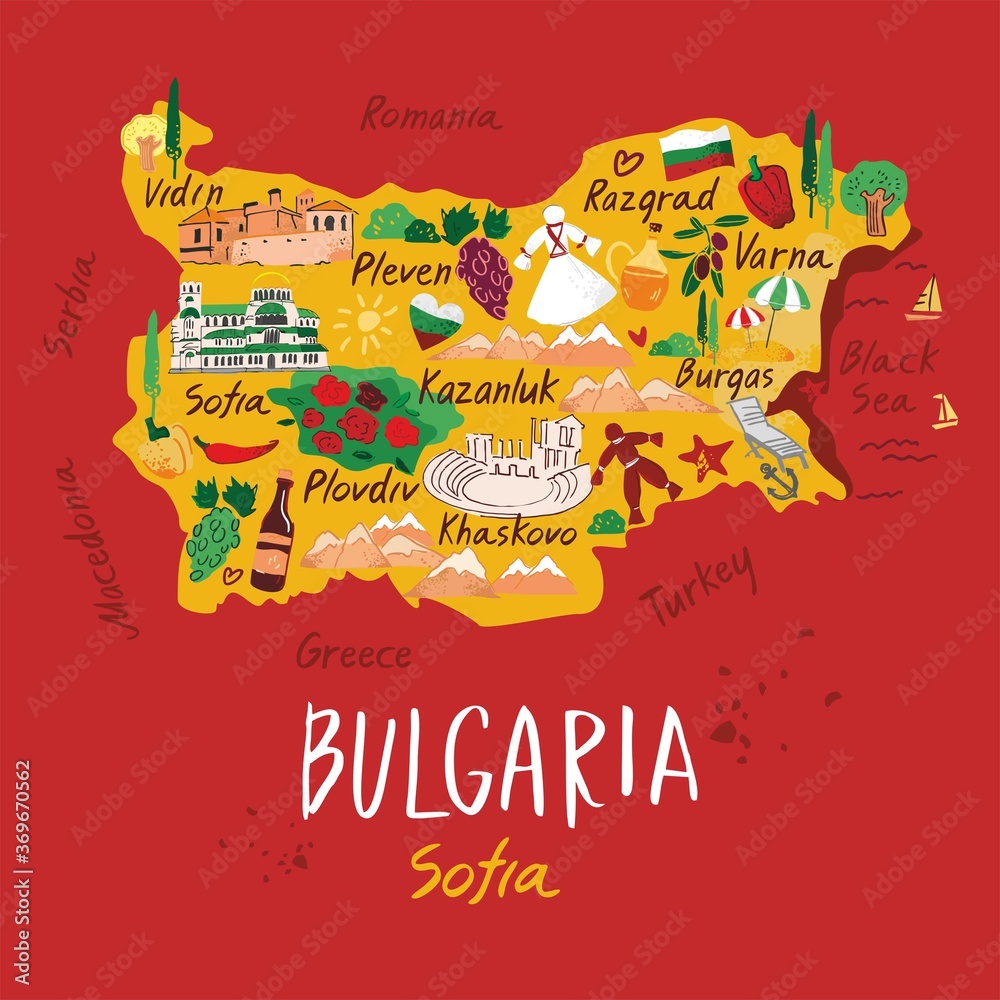 Bulgaria decorative color hand drawn map with attractions, symbols and ...