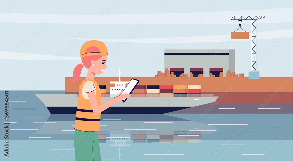 Ship port worker in industrial uniform using tablet for shipping and ...
