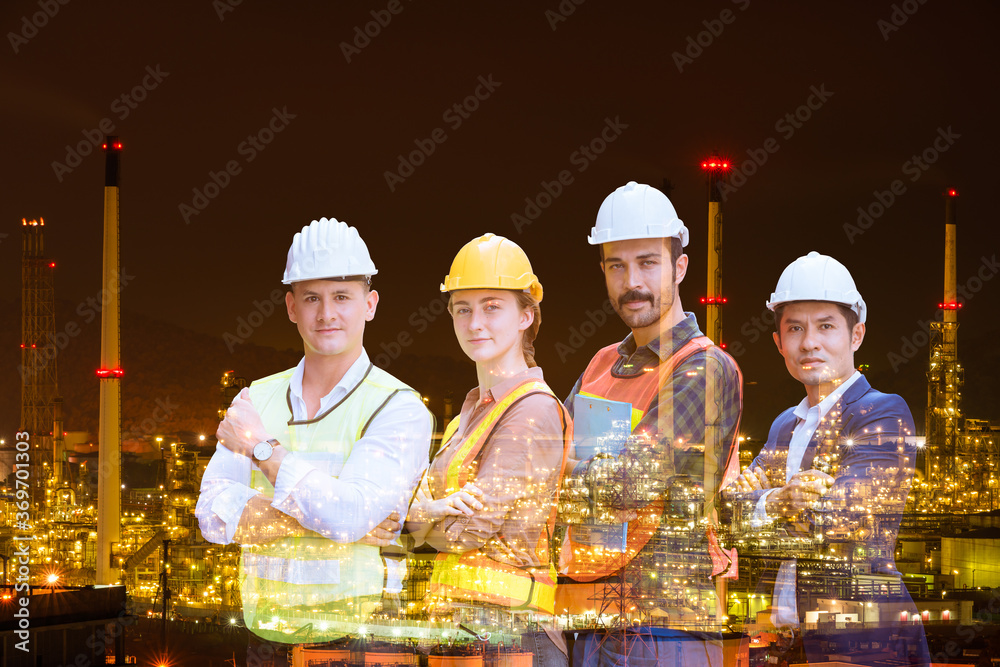 Double exposure team dock workers posing under working and checking ...
