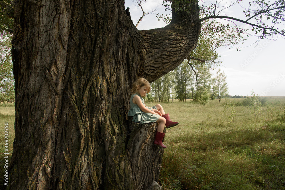 Little girl sitting on a very big tree Stock Photo | Adobe Stock