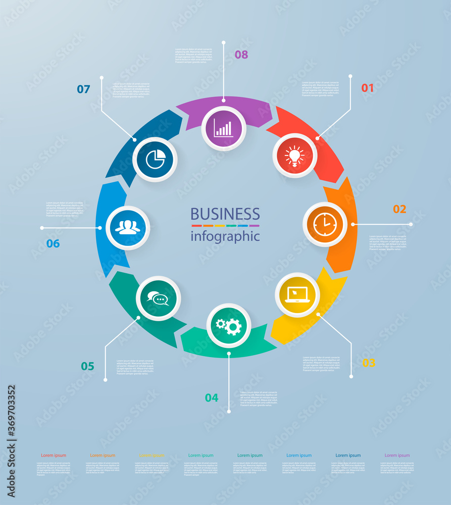 Infographics timeline template with realistic colorful circles for 8 ...