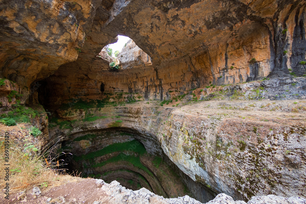 Baatara gorge waterfall in Lebanon. Balaa Sinkhole caves and formations ...