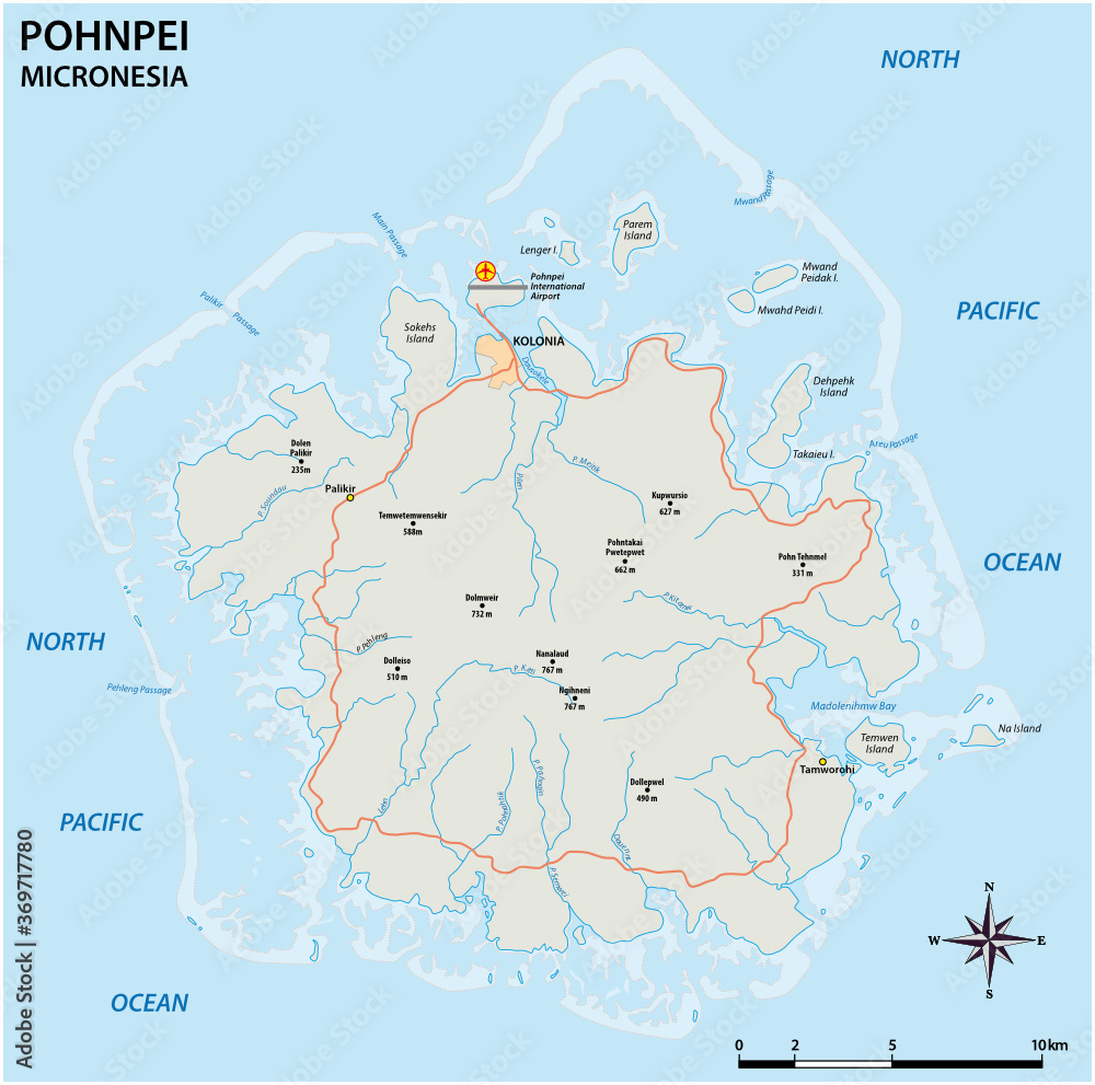 Vector road map of the main Micronesian island of Pohnpei Stock Vector ...