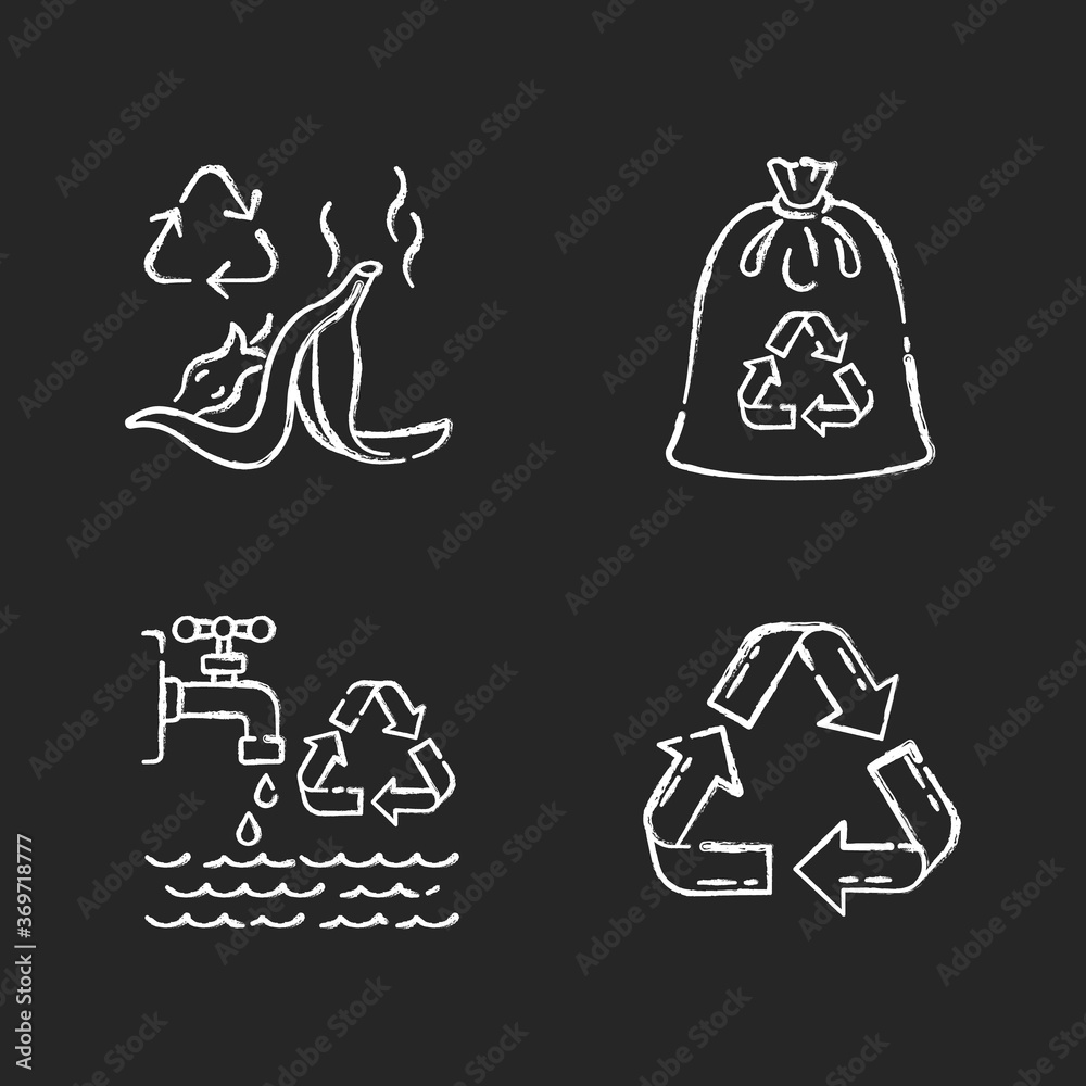 Zero waste tips chalk white icons set on black background. Food waste ...