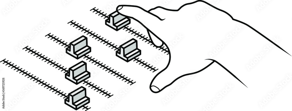Line drawing of a human hand adjusting one of several sliders on a ...
