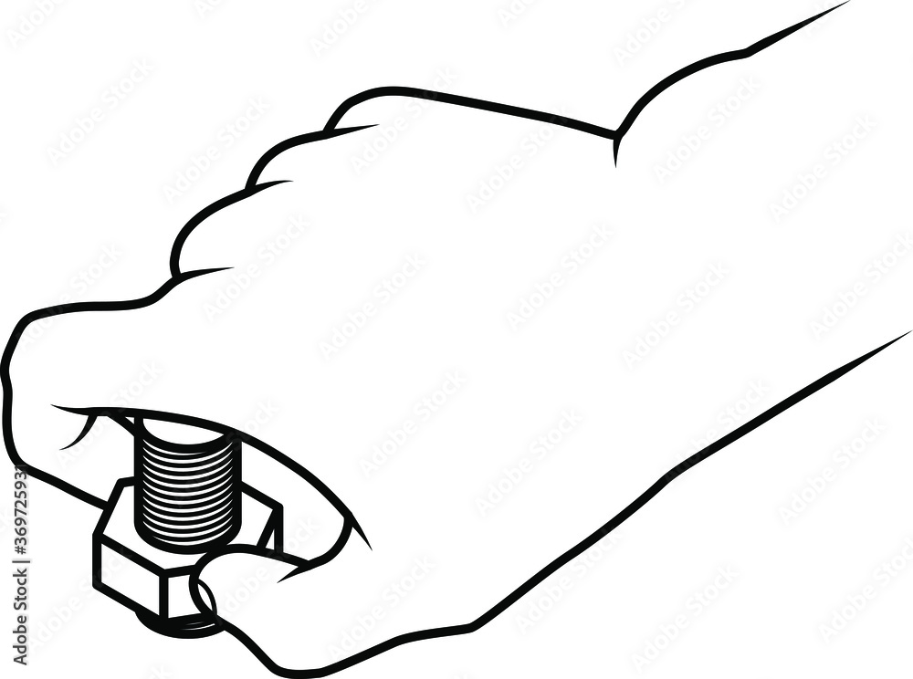 Line drawing of a human hand turning a hex nut on a bolt. Stock Vector ...