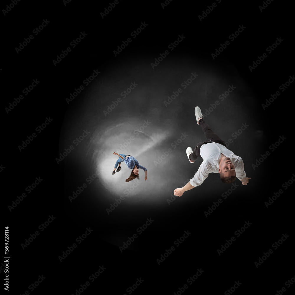Mid-air beauty cought in moment. Full length shot of attractive young ...