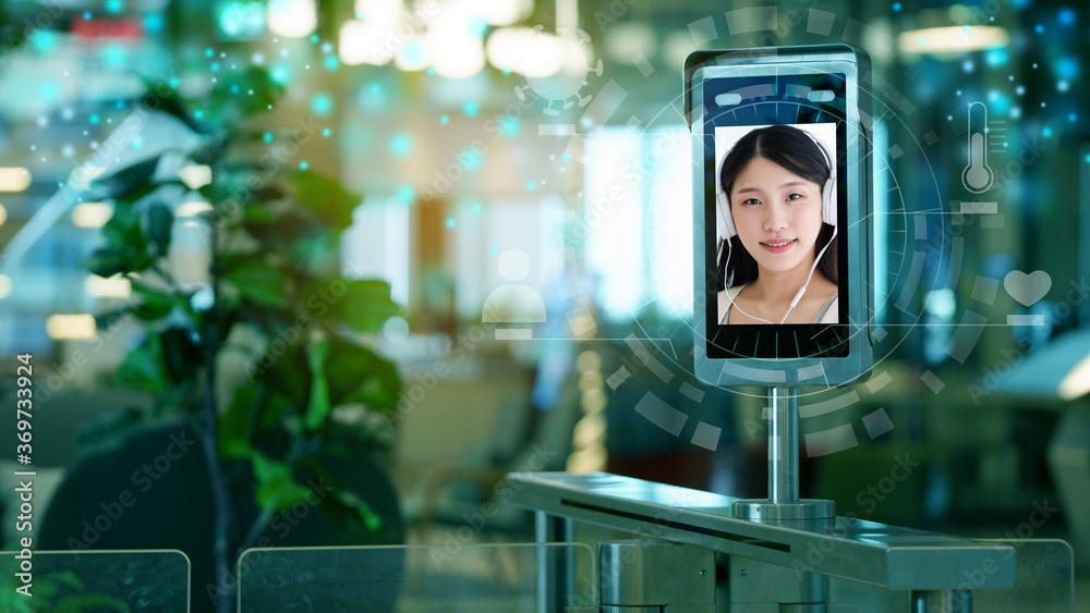 Face recognition scanner or temperature machine before enter and exit ...