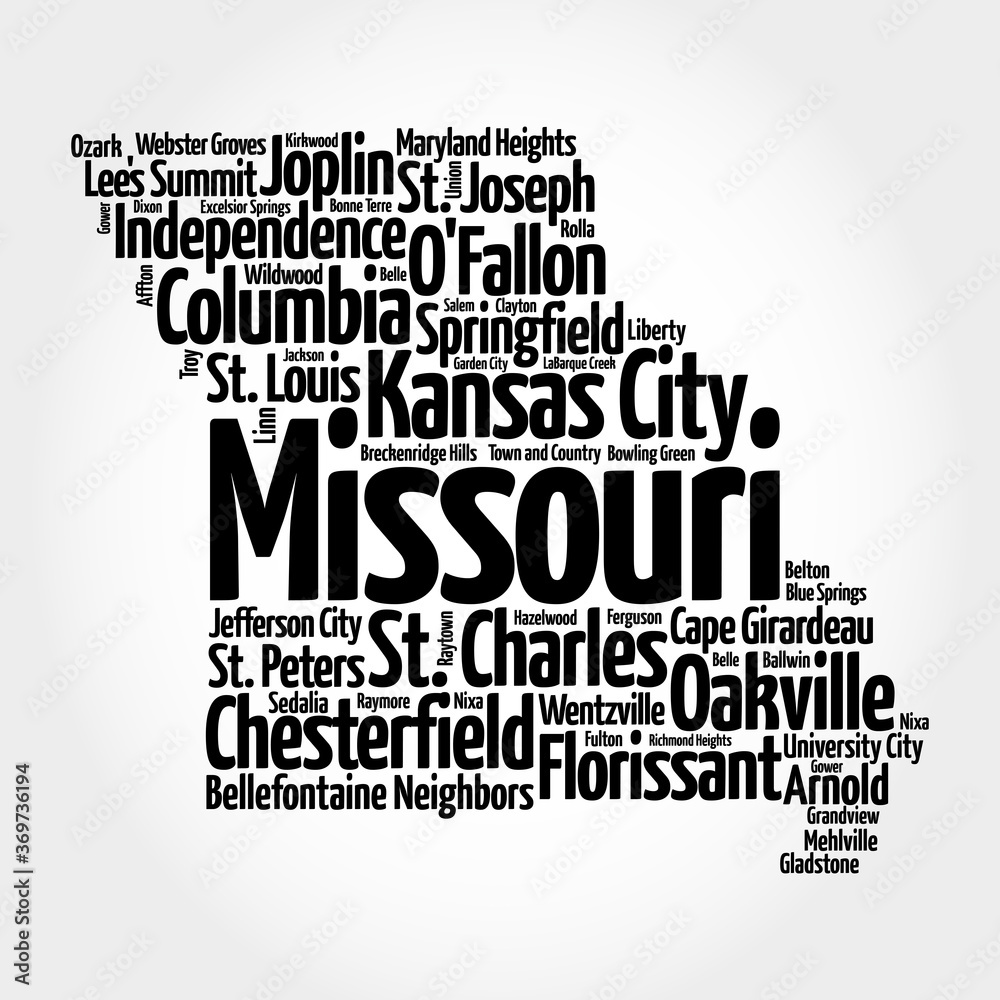 List of cities in Missouri USA state, map silhouette word cloud, map ...