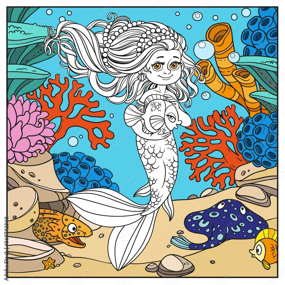 Cute little mermaid girl holds a pet fish on underwater world with ...
