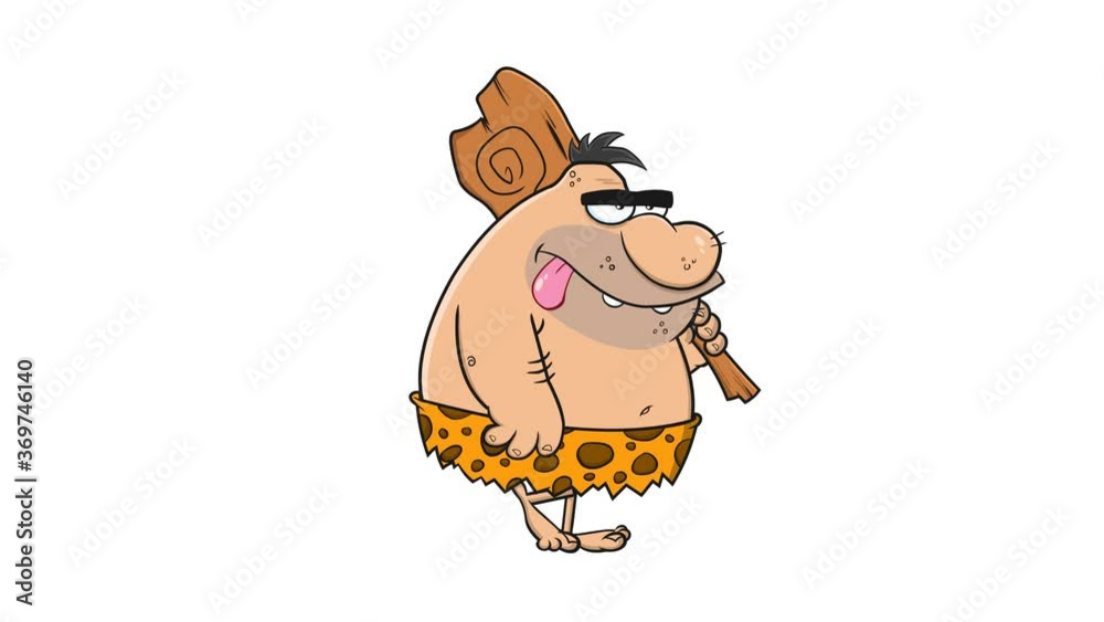 Caveman Funny Cartoon Character With Club Walking. 4K Animation Video ...