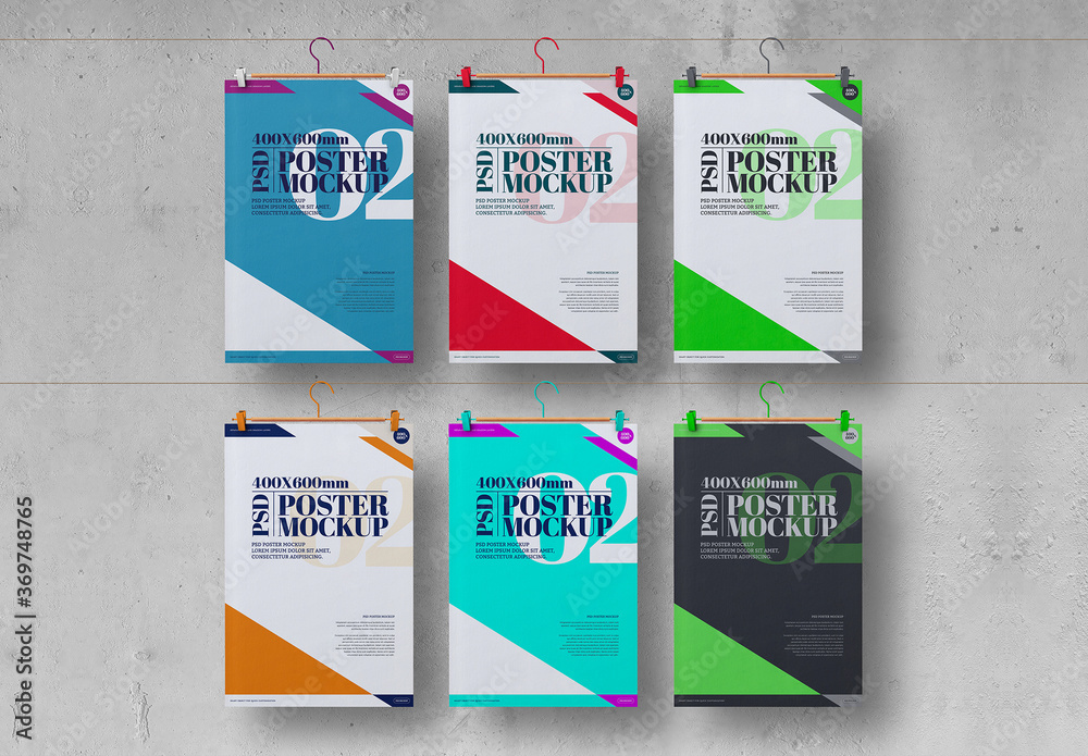 Posters Hanging on Clothesline Mockup Stock Template | Adobe Stock