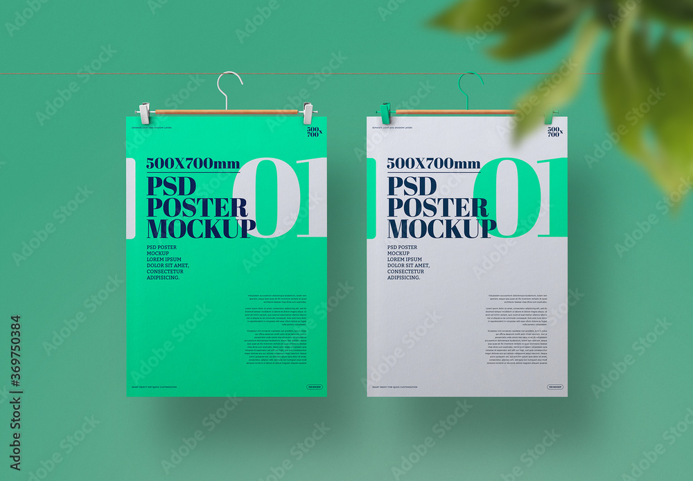 Poster Mockups Hanging on Clothesline with Leaves Stock Template ...