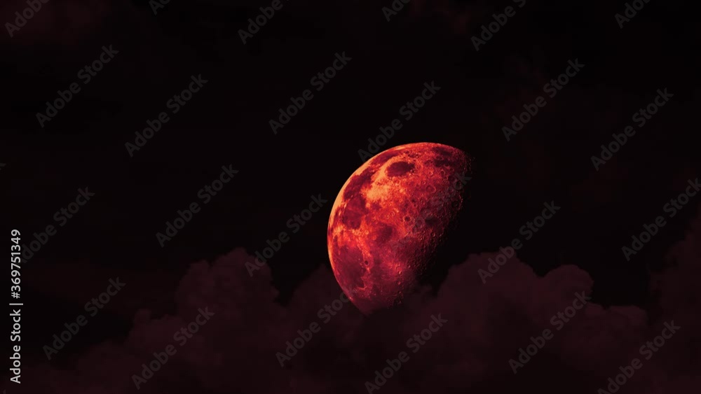 half red blood moon rise on night sky and white cloud moving pass Stock ...