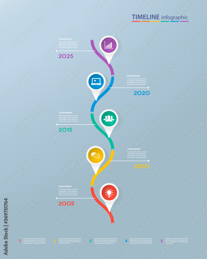 Infographics timeline template with realistic colorful circles for 5 ...