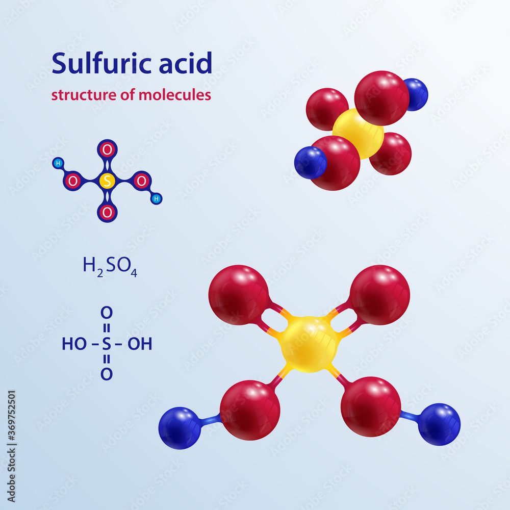 Sulfuric acid molecule - chemical structural formula and model, 2d and ...