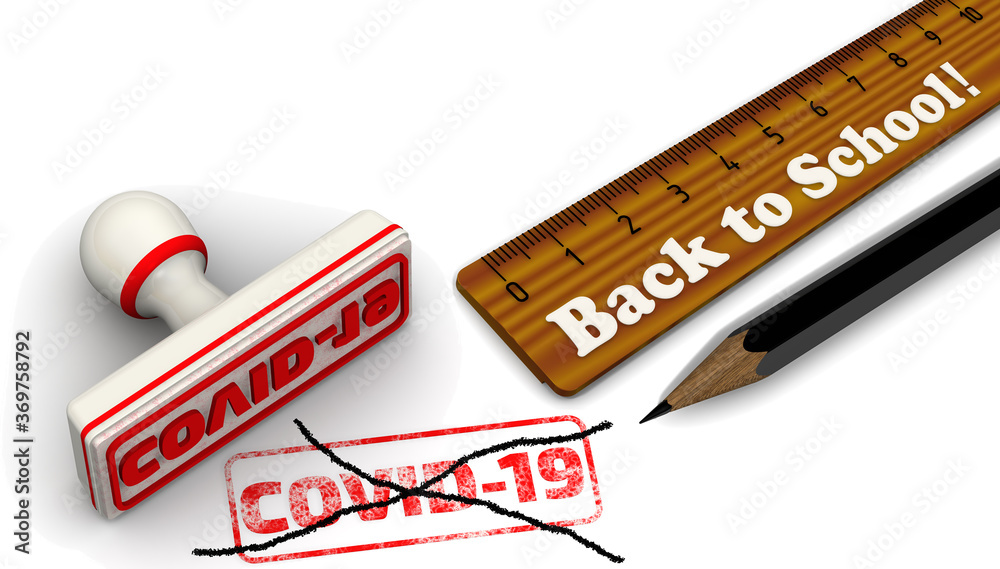 Goodbye coronavirus, hello school! The white seal and crossed out ...