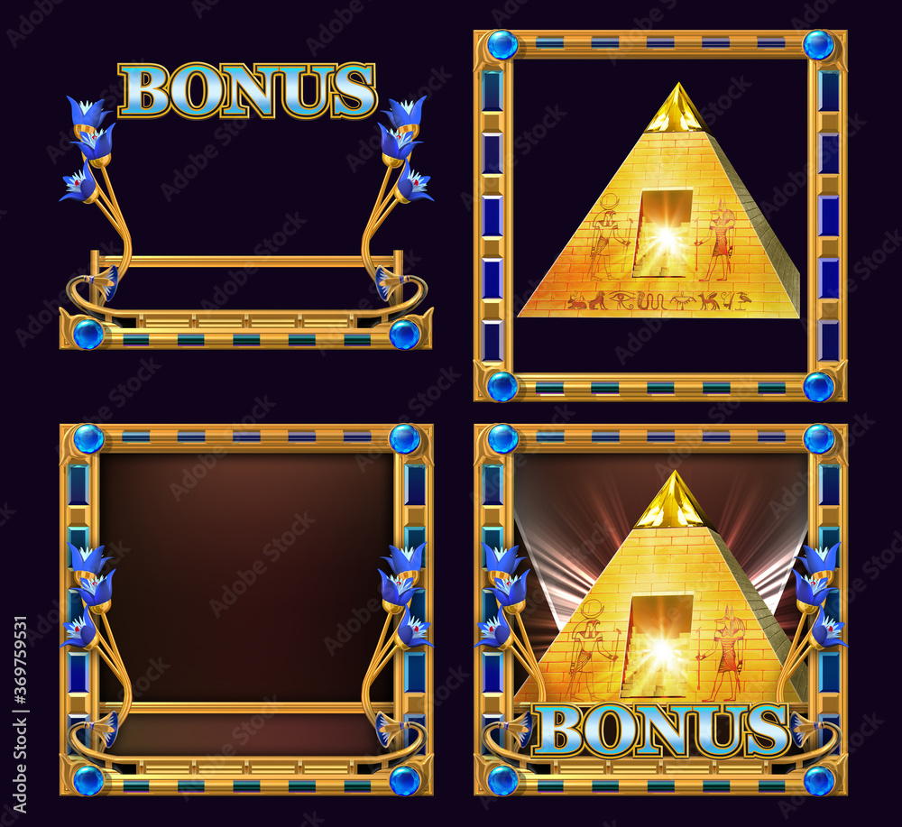 3D illustration of a golden pyramid surrounded by a golden decorative ...