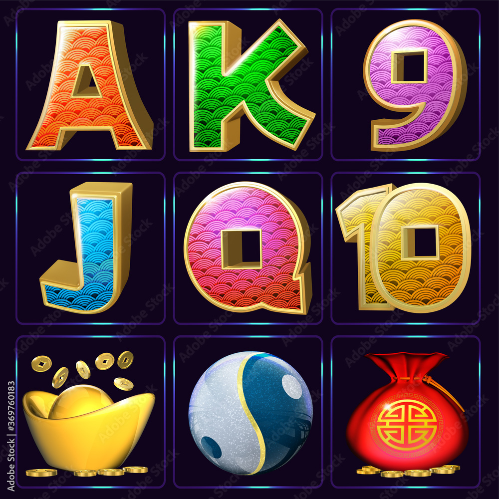 Set of Asian themed symbols for slot game, isolated on dark background ...
