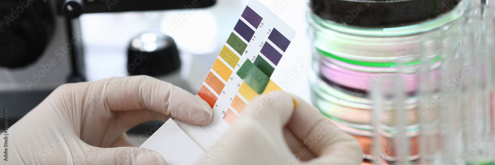 Gloved hands holding paper to test soil acidity. Litmus paper shows ...