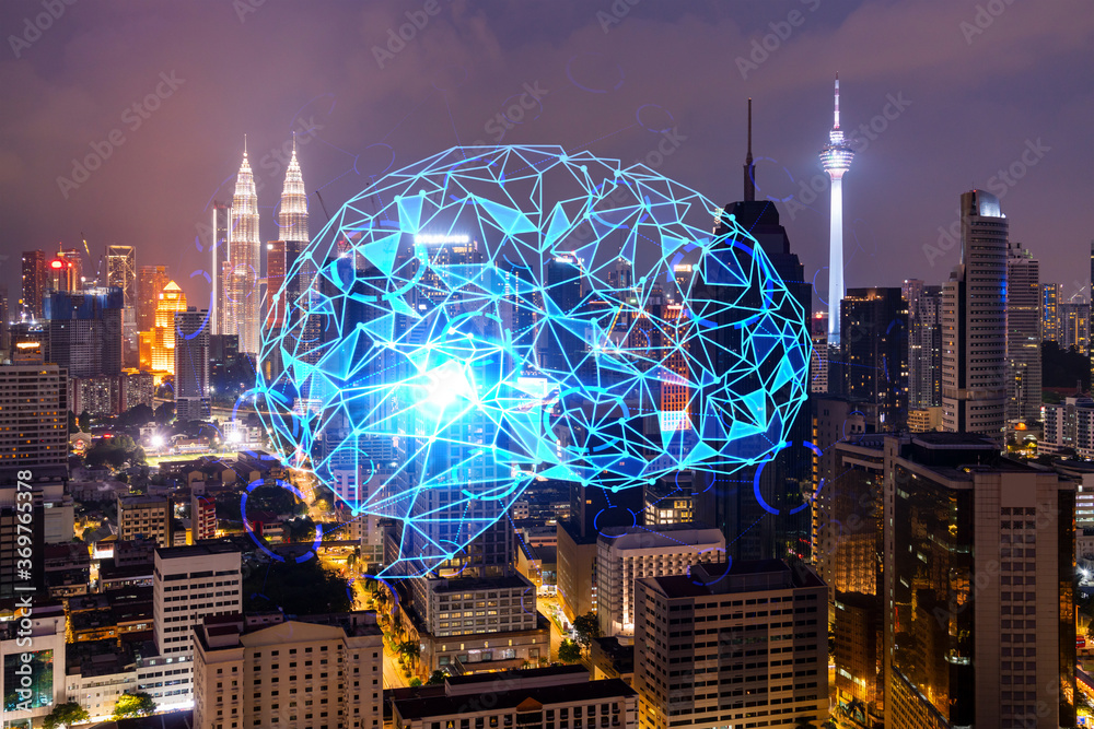 Human brain hologram, aerial panoramic city view of Kuala Lumpur at ...