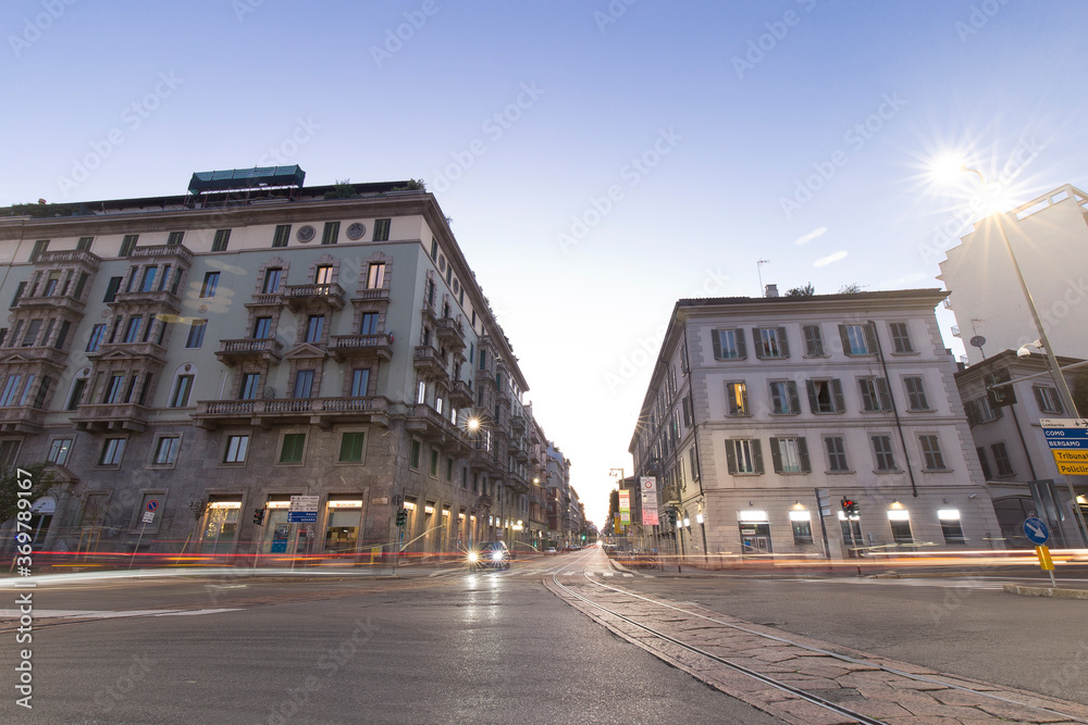 Milan, Italy - August 6, 2020: twilight long exposure of a street view ...