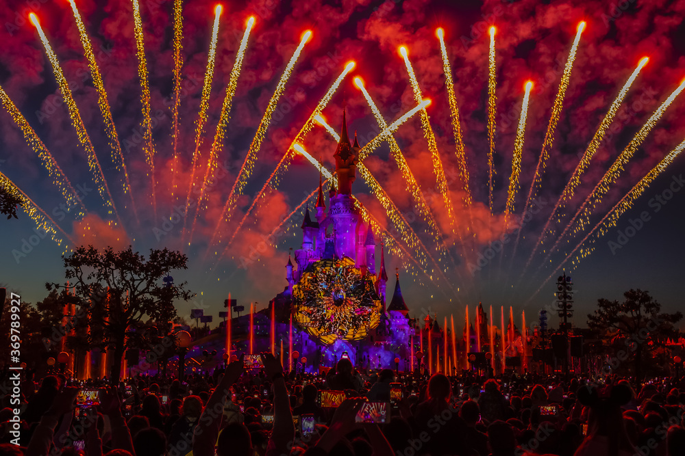 Fotografia do Stock: Fireworks near Sleeping Beauty castle in ...