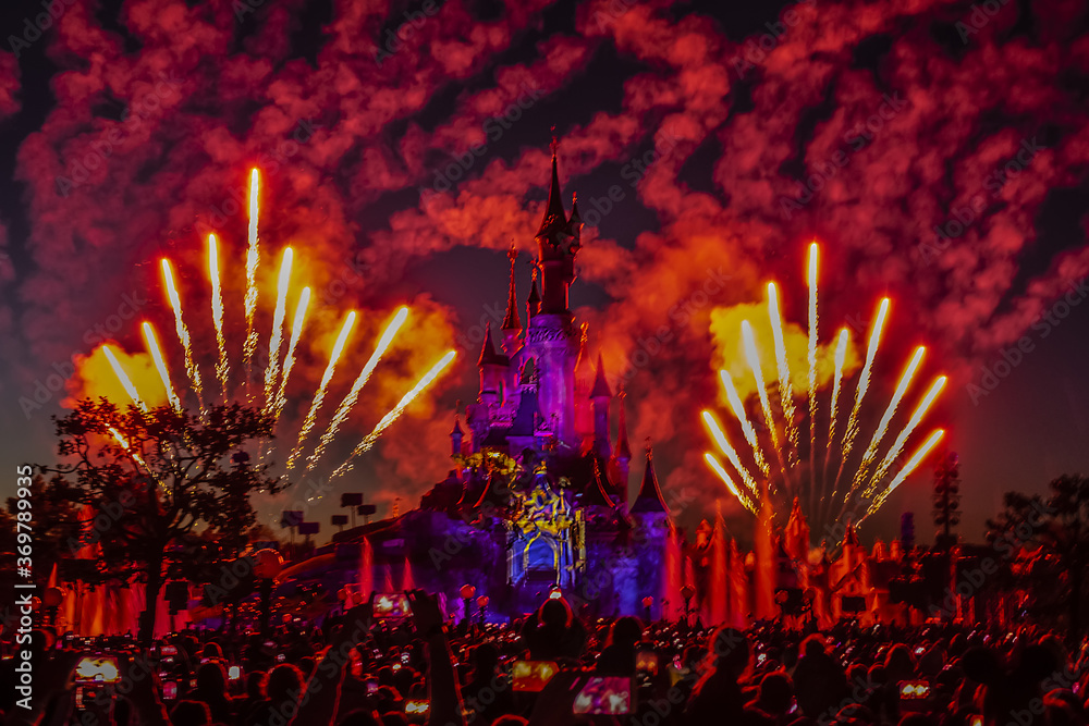 Fireworks near Sleeping Beauty castle in Disneyland Paris. Disneyland ...