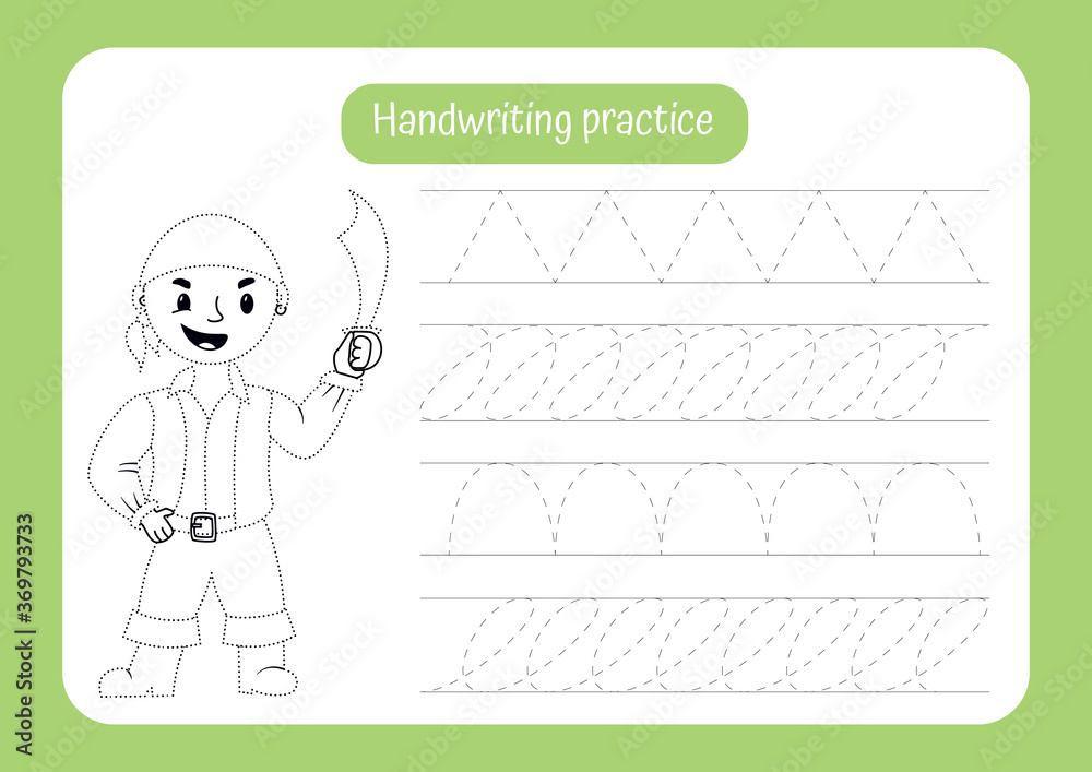 Little pirate with saber. Handwriting practice sheet. Tracing lines ...