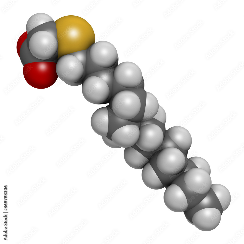Tetradecylthioacetic acid molecule. 3D rendering. Atoms are represented ...