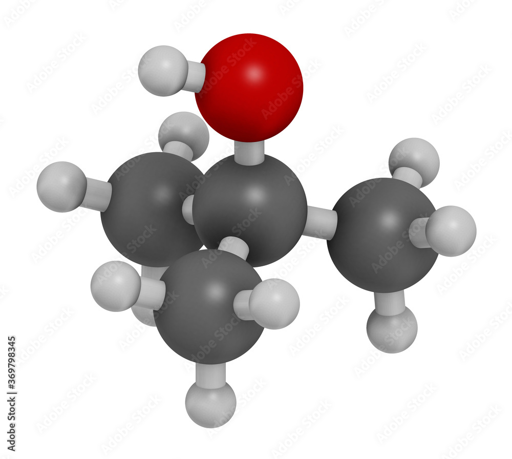 tert-butyl alcohol (tert-butanol) solvent molecule. 3D rendering. Atoms ...