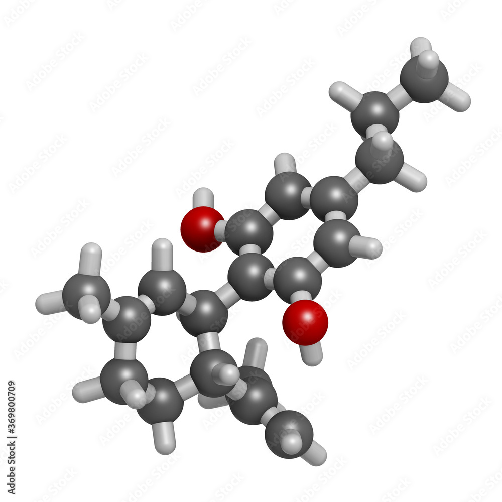 Cannabidivarin or CBDV cannabinoid molecule. 3D rendering. Atoms are ...