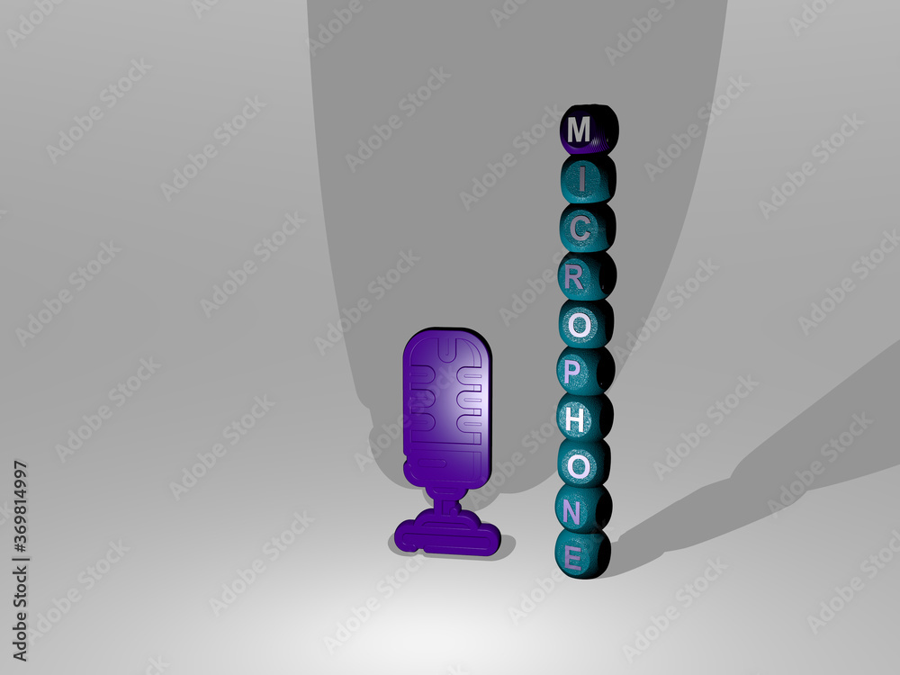 3D graphical image of microphone vertically along with text built ...