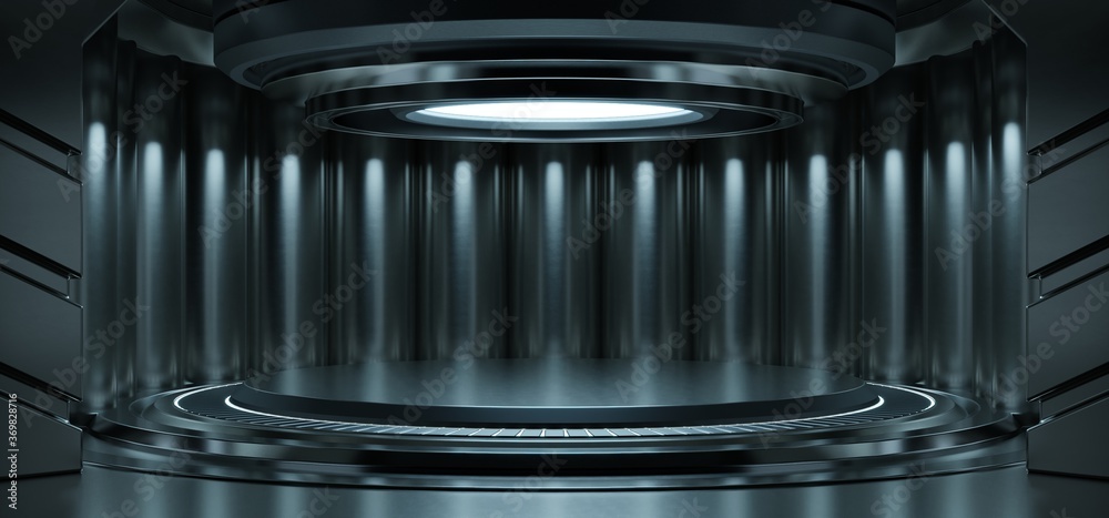 Empty light blue studio room futuristic Sci Fi big hall room with ...