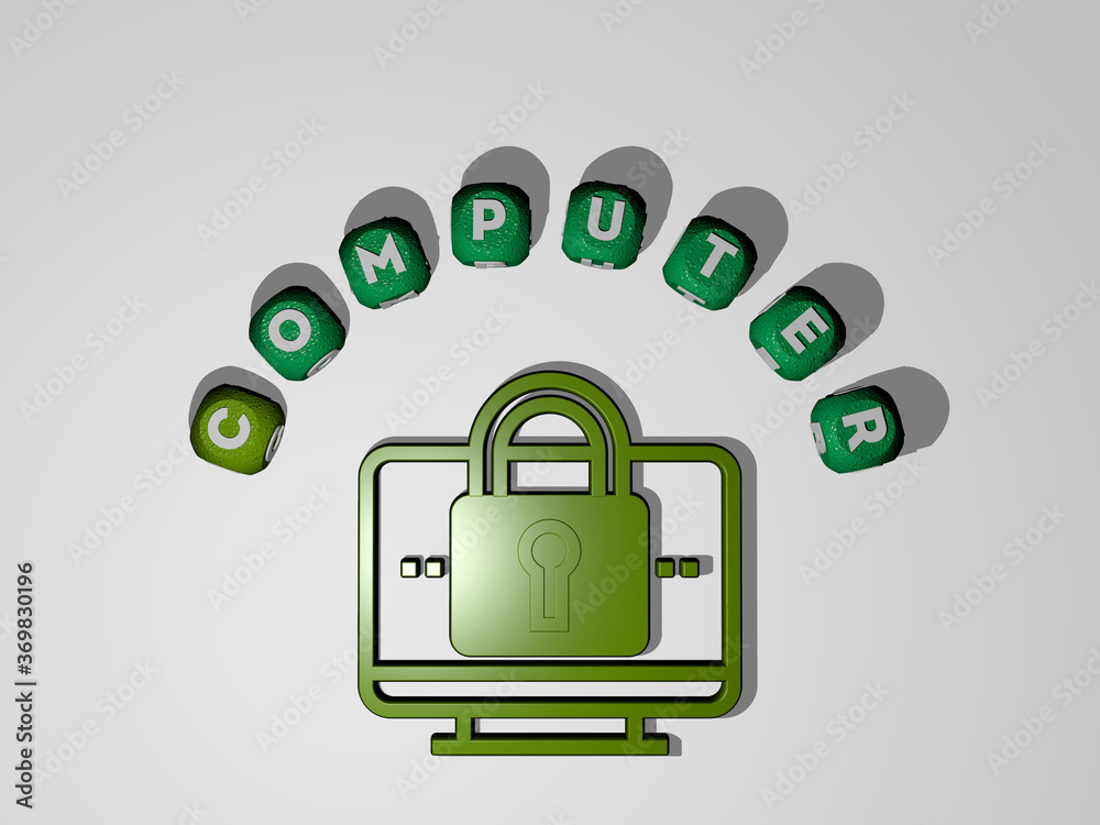 3D representation of COMPUTER with icon on the wall and text arranged ...