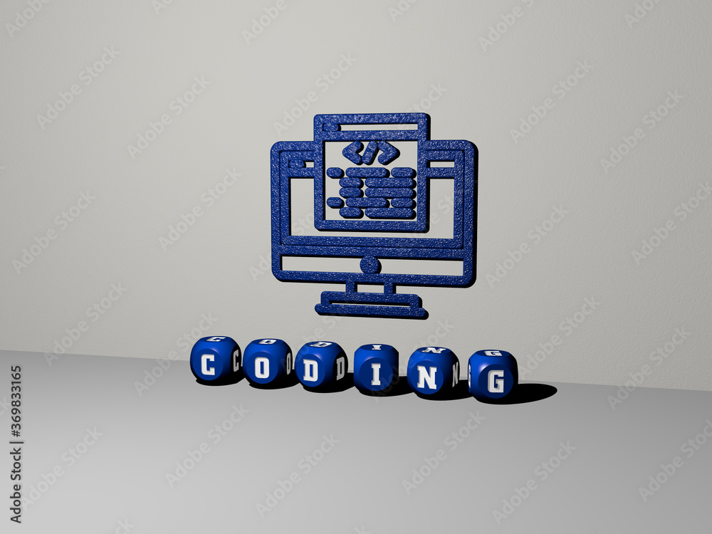 3D representation of CODING with icon on the wall and text arranged by ...