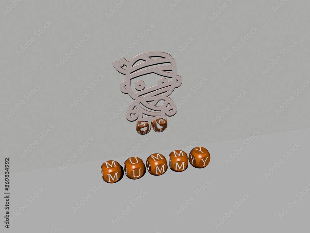 3D illustration of mummy graphics and text made by metallic dice ...