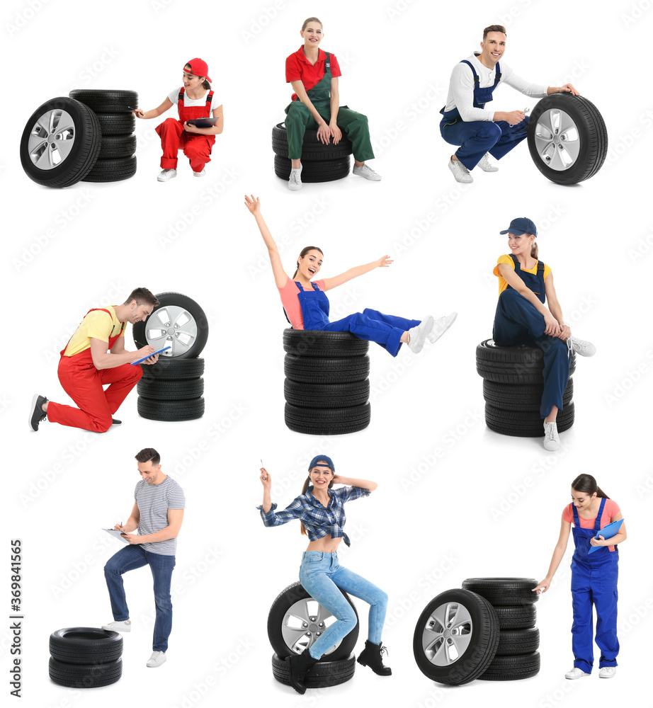 Collage with photos of young mechanics and tires on white background ...