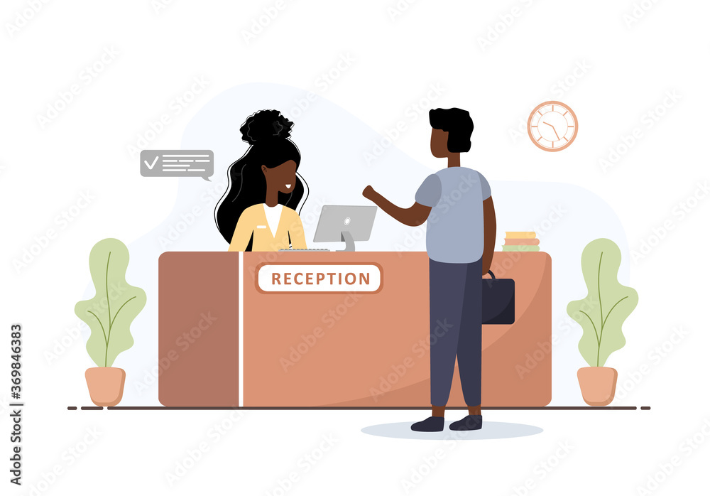 Reception interior. African woman receptionist and man with briefcase ...