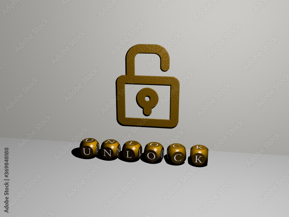 3D illustration of UNLOCK graphics and text made by metallic dice ...