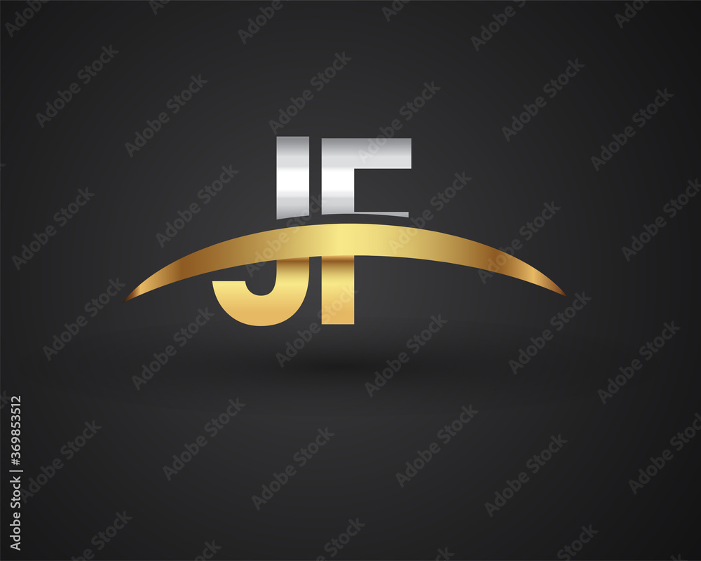 JF initial logo company name colored gold and silver swoosh design ...