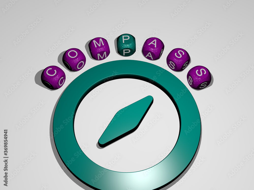 3D representation of COMPASS with icon on the wall and text arranged by metallic cubic letters ...