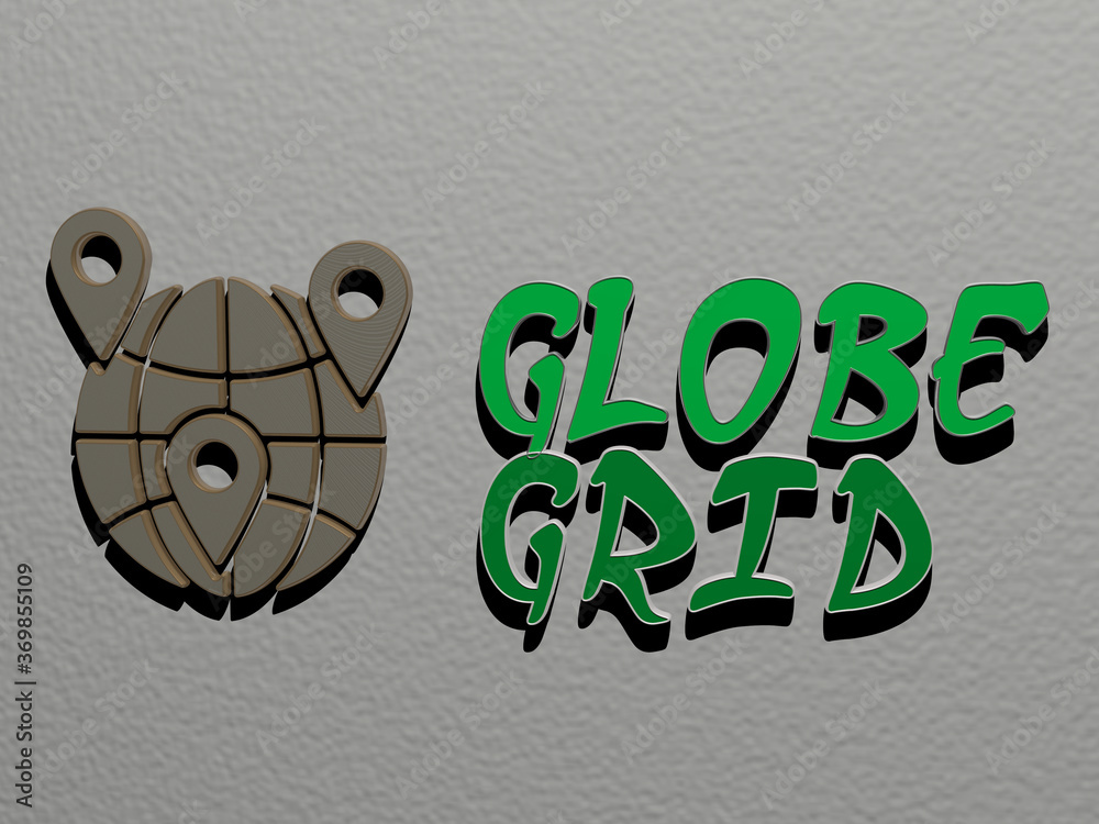3D graphical image of globe grid vertically along with text built by ...