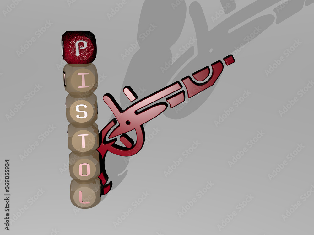 3D graphical image of pistol vertically along with text built around ...