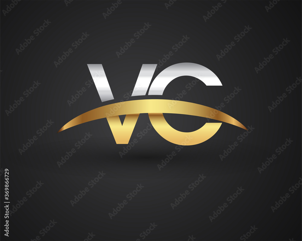 VC initial logo company name colored gold and silver swoosh design ...