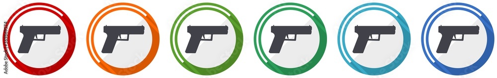 Pistol, gun, weapon icon set, flat design vector illustration in 6 ...