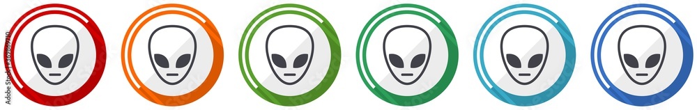 Alien face icon set, flat design vector illustration in 6 colors ...