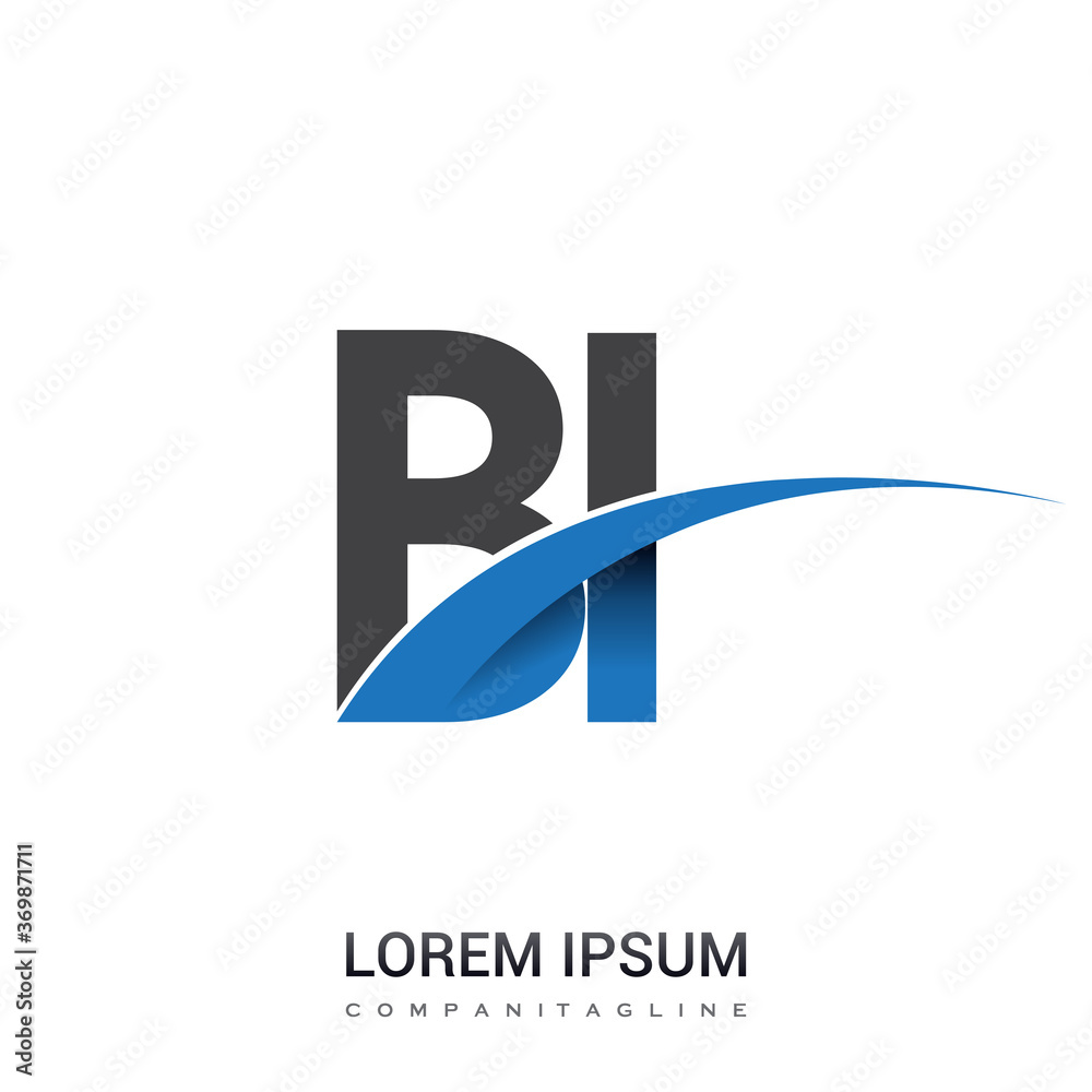initial letter BI logotype company name colored blue and grey swoosh ...